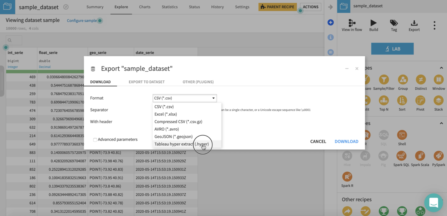 Plugin Tableau Hyper Export Dataiku